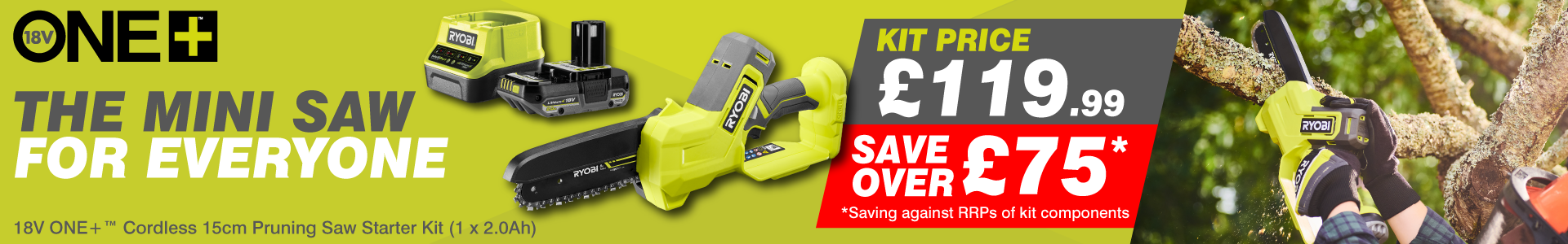 18V ONE+ 15cm Cordless Pruning Saw (1 x 2.0Ah) | RYOBI | RY18PS15A-120